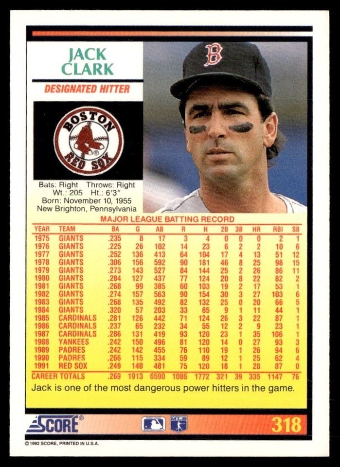 1992 Score Jack Clark Boston Red Sox #318 | eBay