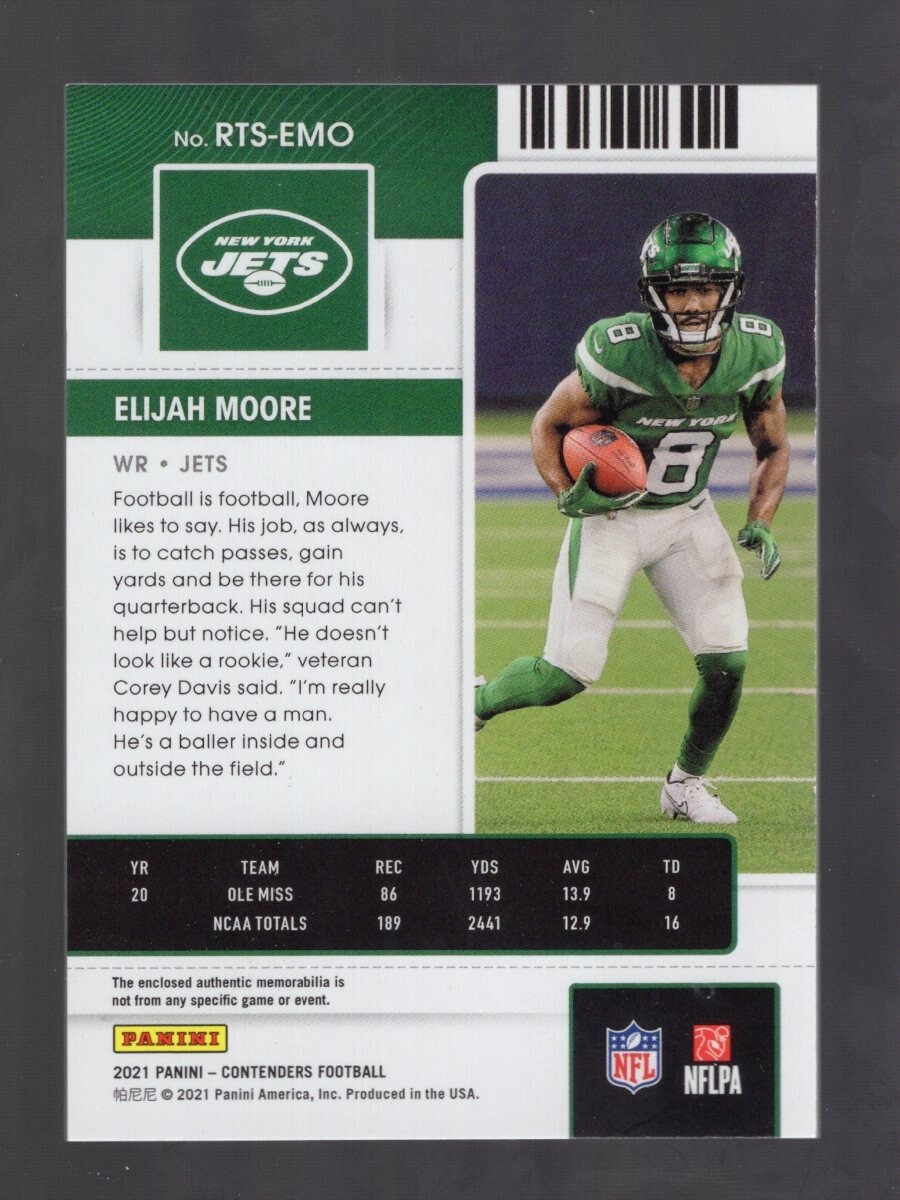 2021 Panini Contenders - Rookie Ticket Swatches #RTS-EMO Elijah Moore ...