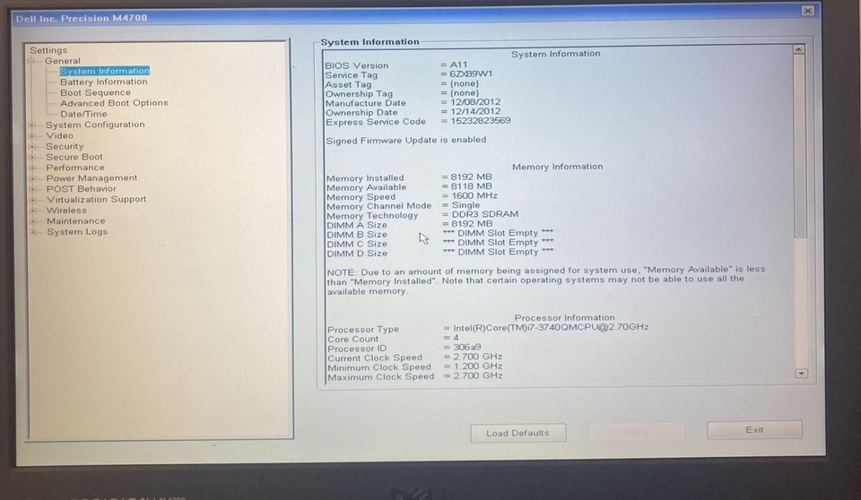 Dell M4700 Precision i7-3740MQ 8GB 2.7GHz No HDD Boot to BIOS | eBay