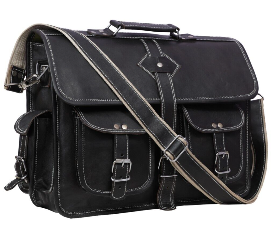 16" Black Real Leather Messenger Bag Men Women Briefcase Laptop ...