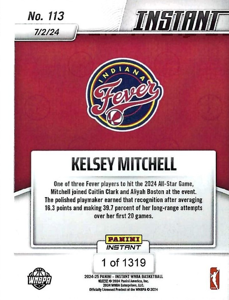 2024 PANINI WNBA INSTANT ALL-STAR * KELSEY MITCHELL * CARD #113 #d 1/ ...