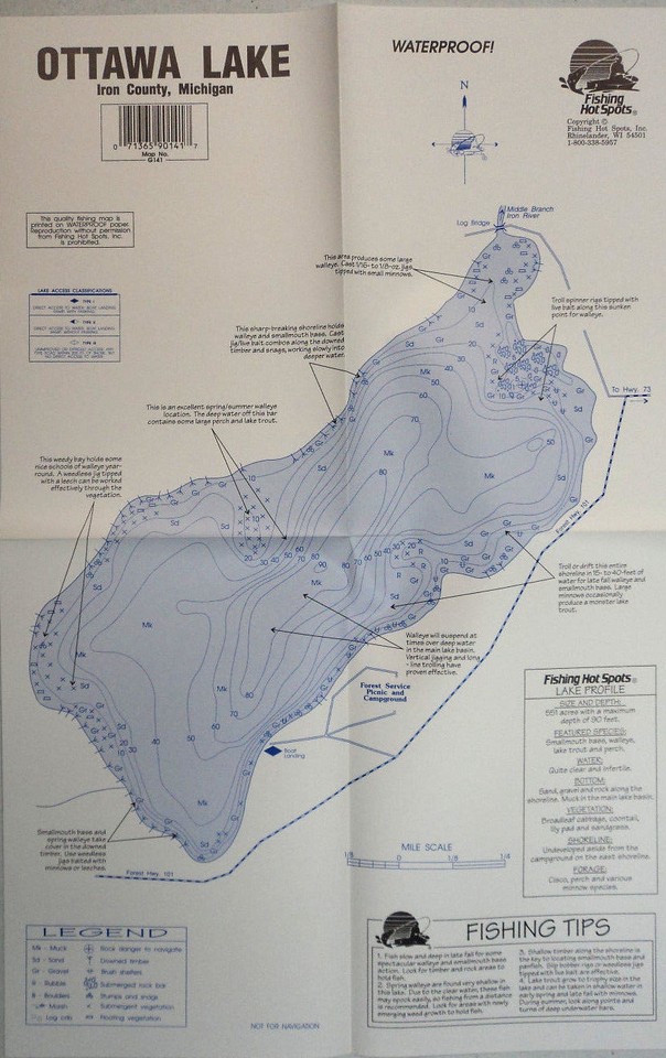 Ottawa Lake (Michigan) Fishing Map, Waterproof, Depth Contours, Tips # ...