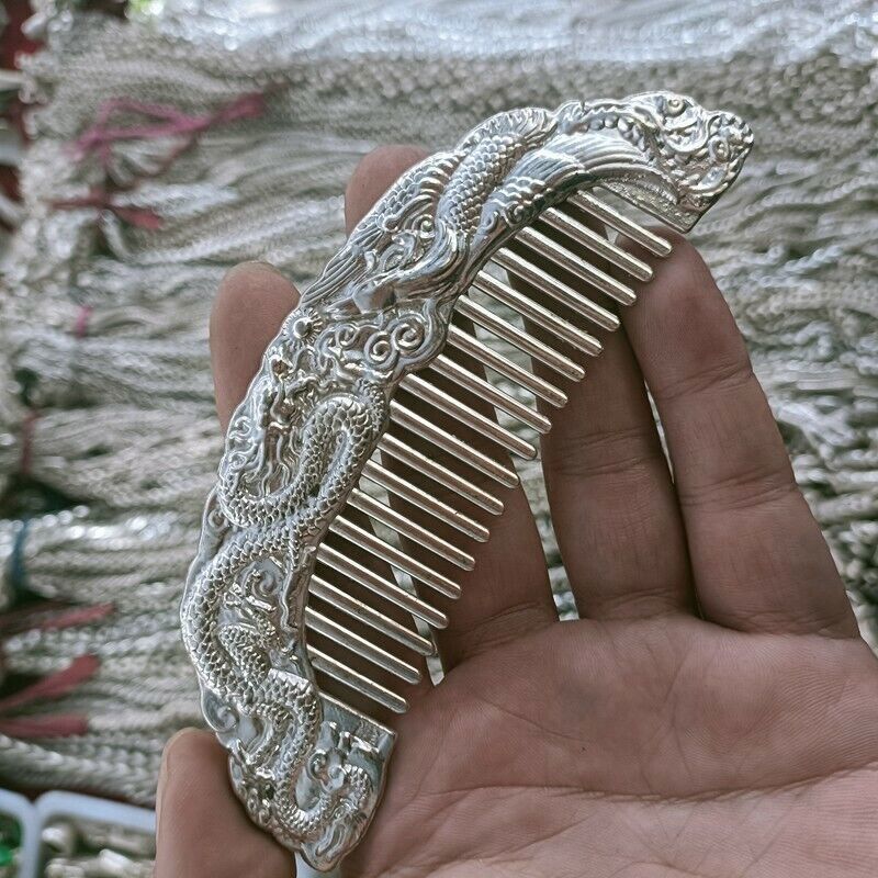 Exquisite Old Chinese tibet silver handmade Dragon phoenix comb statue ...