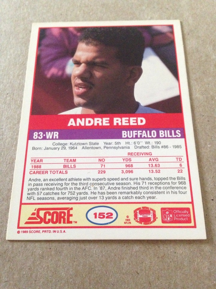 Andre Reed HOF VINTAGE AUTOGRAPHED ON CARD 1989 Score Card w/COA | eBay