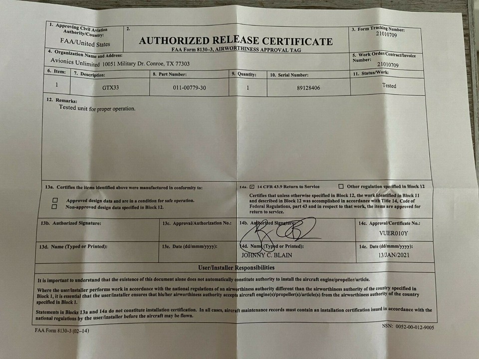 GARMIN GTX 33ES MODE S TRANSPONDER P/N 011-00779-30 FRESH FORM FAA 8130 ...