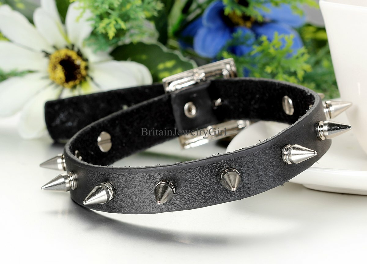 Cool Punk Rock Spike Black Leather Choker Collar Necklace Silver Tone ...