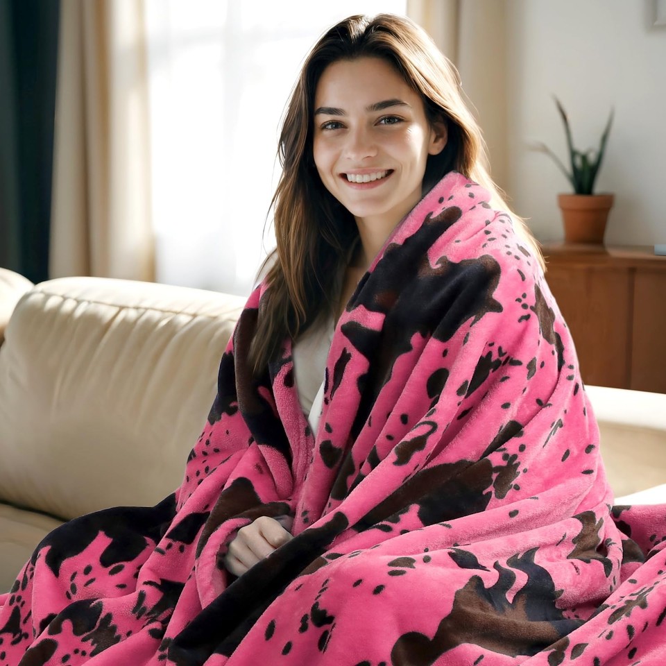 Hot Pink Cow Blanket Flannel Fleece Throw Blanket Soft Cozy Black Cow ...