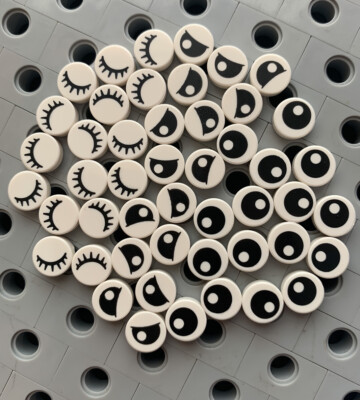 Lego New Lot Of 48 White Eyes Round Tile 1x1 with Groove Black Eye ...