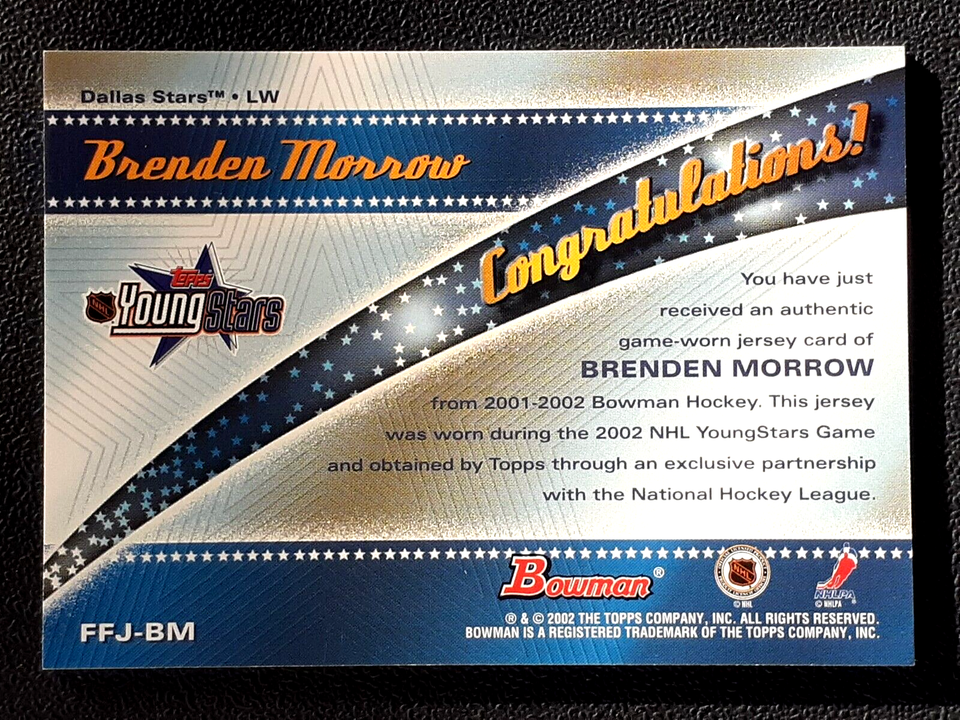 BRENDEN MORROW JERSEY 2001-02 BOWMAN YOUNGSTARS RELICS 01-02 NO FFJ-BM ...