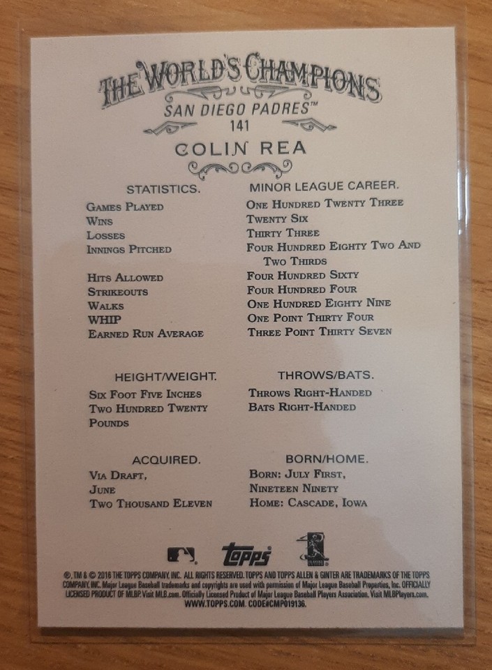 2016 TOPPS ALLEN & GINTER COLIN REA ROOKIE #141 SAN DIEGO PADRES | eBay
