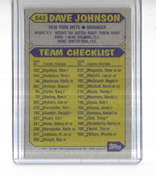 1987 Topps #543 Dave Johnson New York Mets Team Checklist | eBay