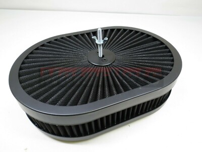 Black 12"x2 Oval Super flow Thru Top Air Cleaner Washable SBC BBC Chevy ...