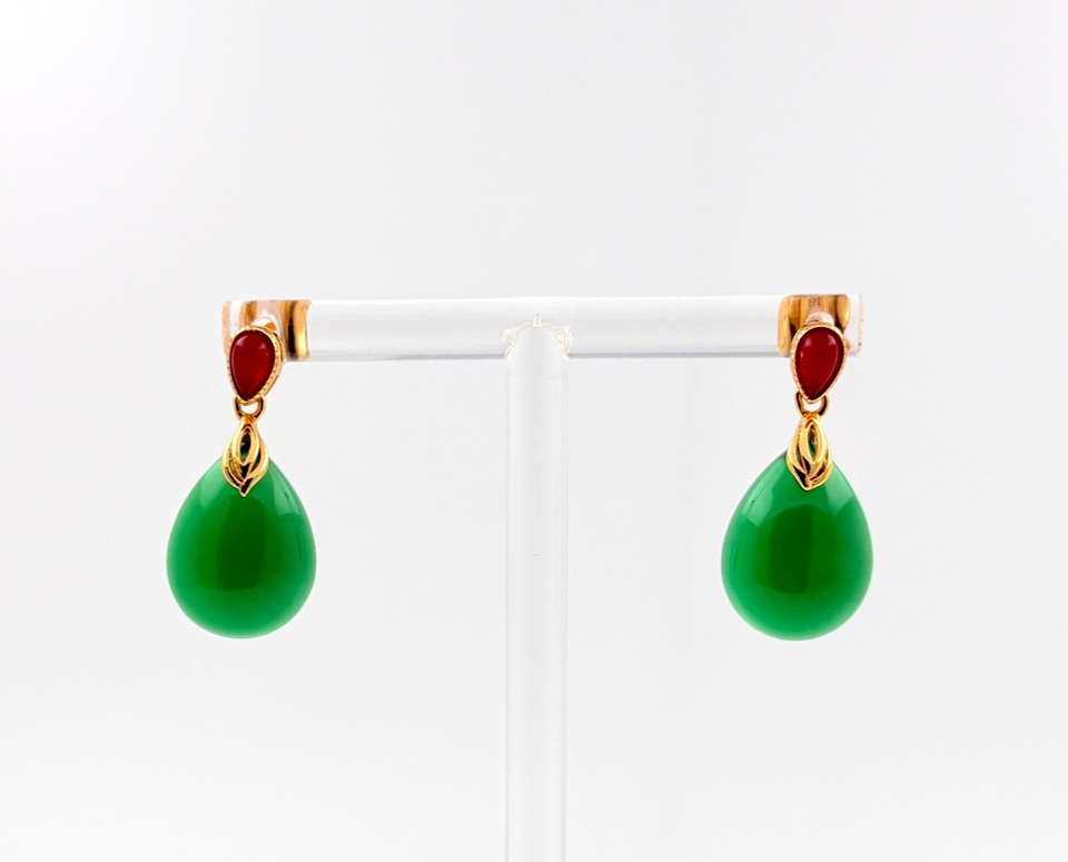 Green Chalcedony & Amber 30.00x11.80mm Drop Earrings Silver 925 Gold ...
