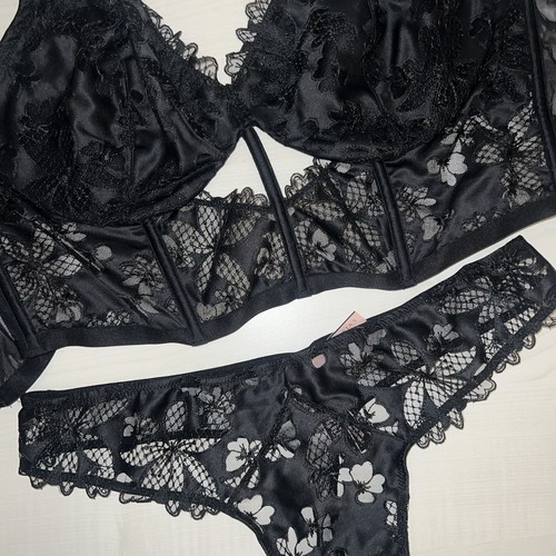 Victoria's Secret 38D 36DD XL CORSET TOP BRA SET BLACK SATIN Applique ...