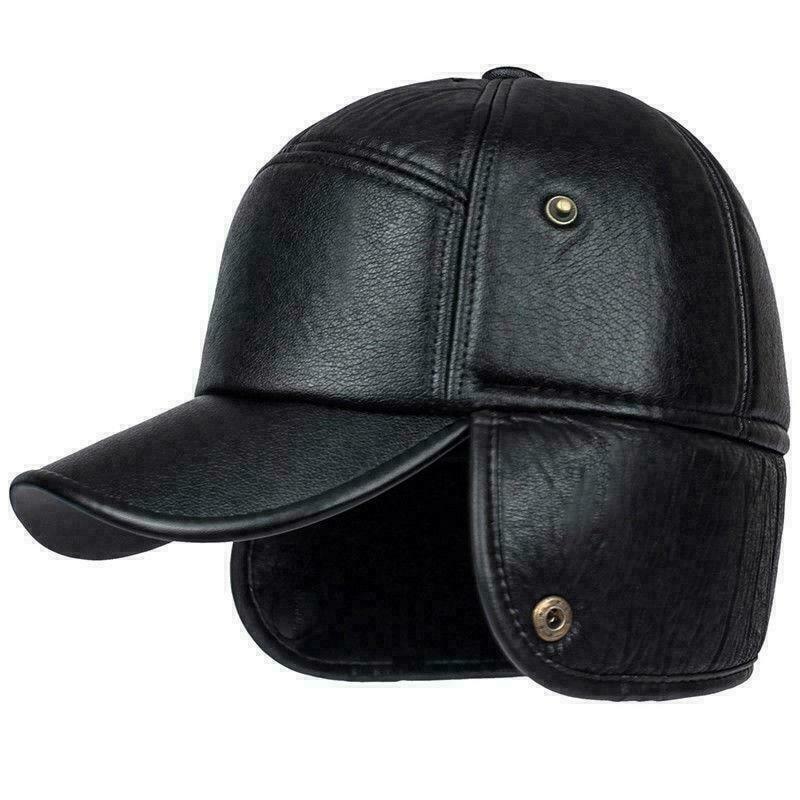 Men's Genuine Leather Baseball Caps Winter Hats With Ear Flaps Warm Cap ...