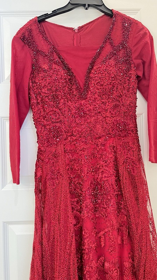 Custom fully Lined Long Sleeve RED Beaded Gown Dress Size 8 | eBay