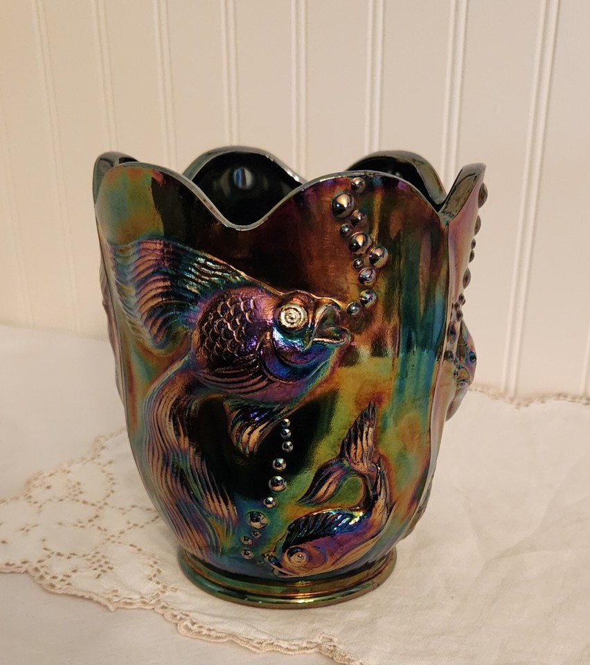 Fenton ATLANTIS Koi Goldfish Vase Planter Iridescent Amethyst Carnival ...