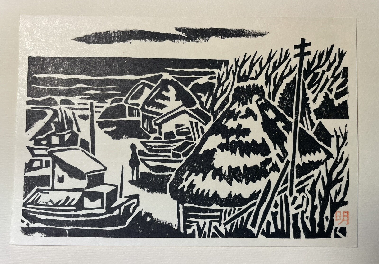 Japanese small woodblock print - Beach Huts - Aomori Artist Ming Sato ...