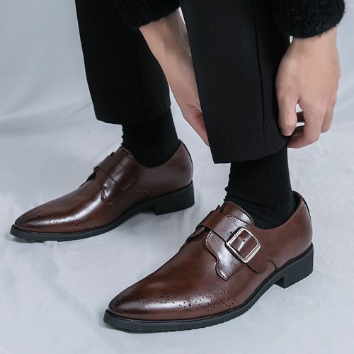 Men's Leather Carved Pointed Toe Brogues Oxfords Buckle Strap Formal ...