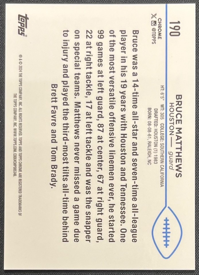 2024 TOPPS CHROME BRUCE MATTHEWS FROZEN FRACTOR #-2/0 HOUSTON OILERS ...