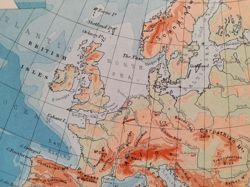 1913 MAP - EUROPE LAND HEIGHTS SEA DEPTHS SCANDINAVIAN MOUNTAINS | eBay
