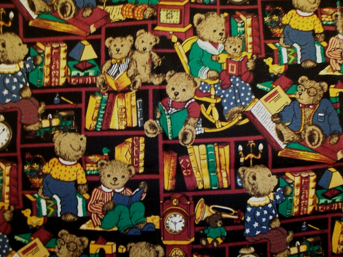MUTED TEDDY BEARS IN LIBRARY READING BOOKS COTTON FABRIC 30" x 44" | eBay