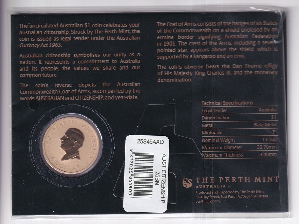 AUSTRALIAN: 2025 $1 AUSTRALIAN CITIZENSHIP P MINTMARK COIN ON CARD # ...