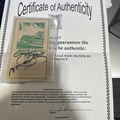 Jan And Dean Backstage Green Rare Pass Signed COA Dean Torrence | eBay