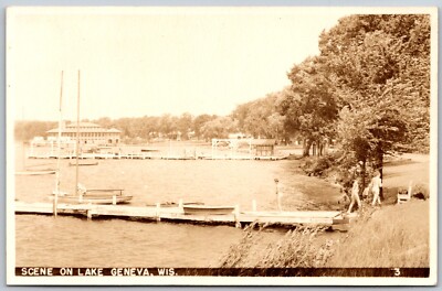 Postcard RPPC WI Lake Geneva Wisconsin Lake Scene Riviera Piers Docks ...