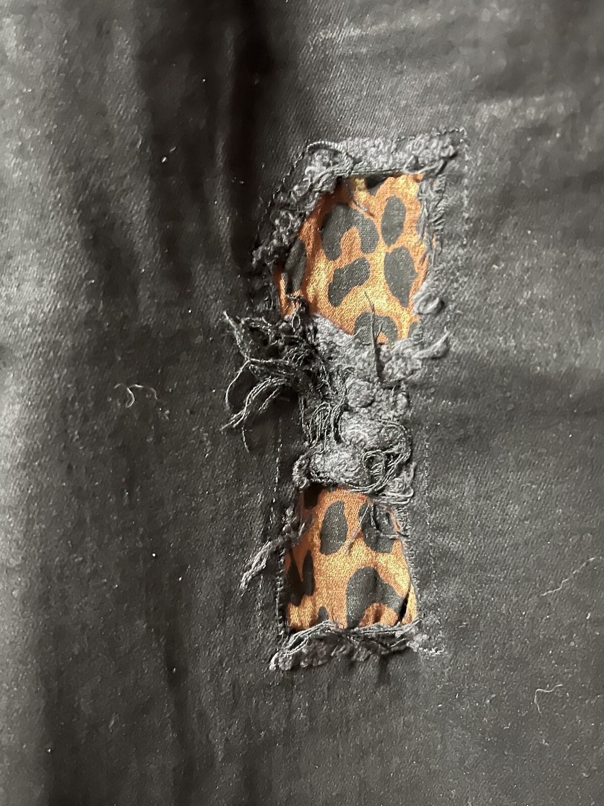 🌺 New Black Jeans With Leopard Animal Print Frayed Distressed Patches ...