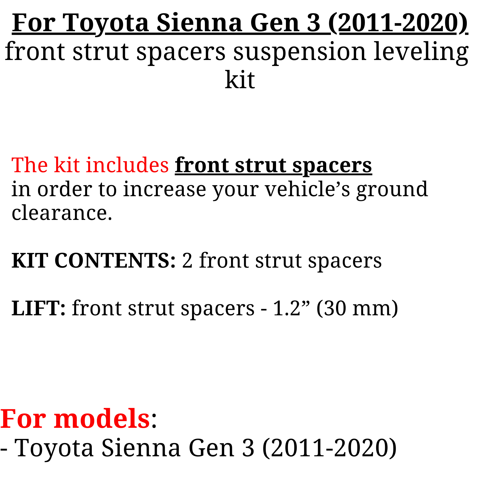 For Toyota Sienna Front strut spacers Suspension leveling kit Sienna ...