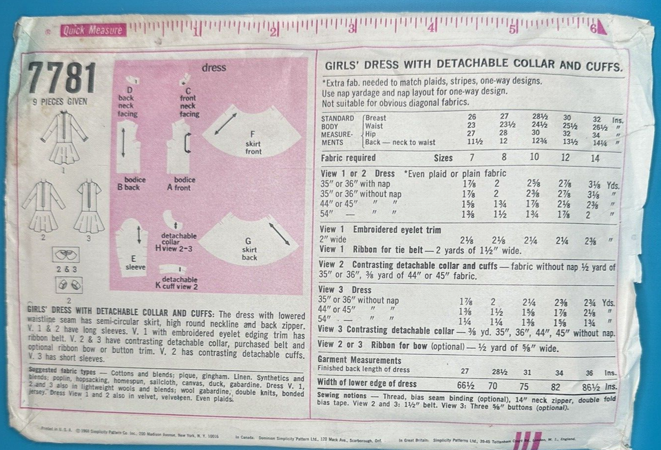 Low Waist Dress Round Collar Pattern Simplicity 7781 Girls Sz 10 1960's ...