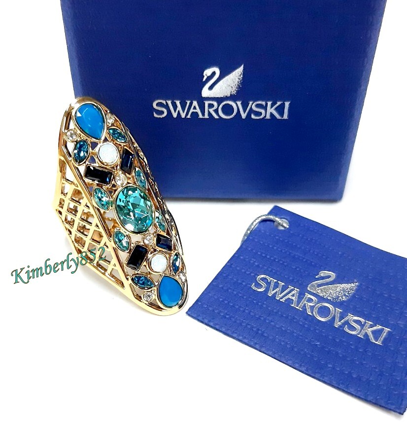 Swarovski Cyan Ring Long Blue Crystal Gold PVD NEW Option Size:S/6/52 ...