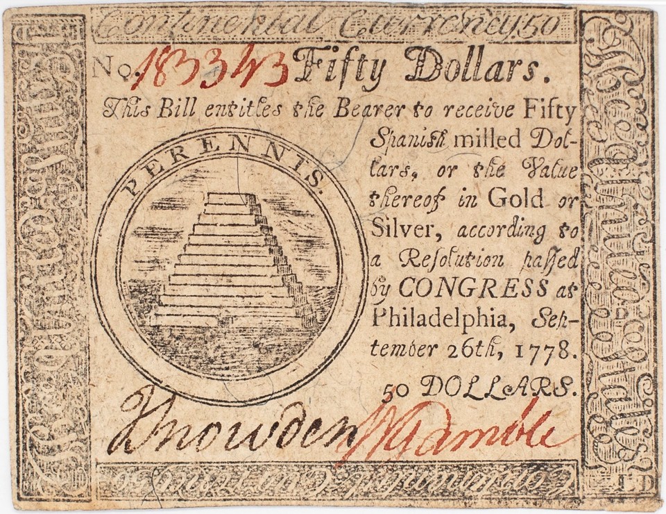 Fr. CC-85, Sept 26, 1778, $50 Continental Currency, "Perennis", PMG 53 ...