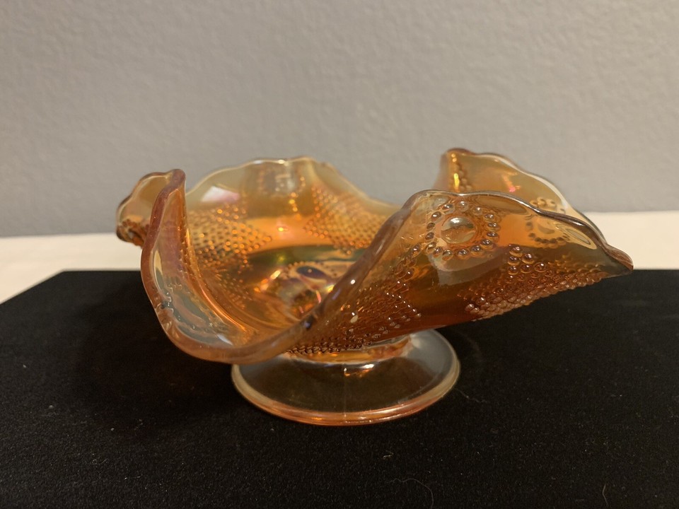 Vtg. Carnival Glass Marigold Candy Dish Ruffled, Footed, Stars 6 1/4 ...