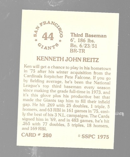1976 SSPC Ken Reitz 280 San Francisco Giants Baseball Card Vintage | eBay