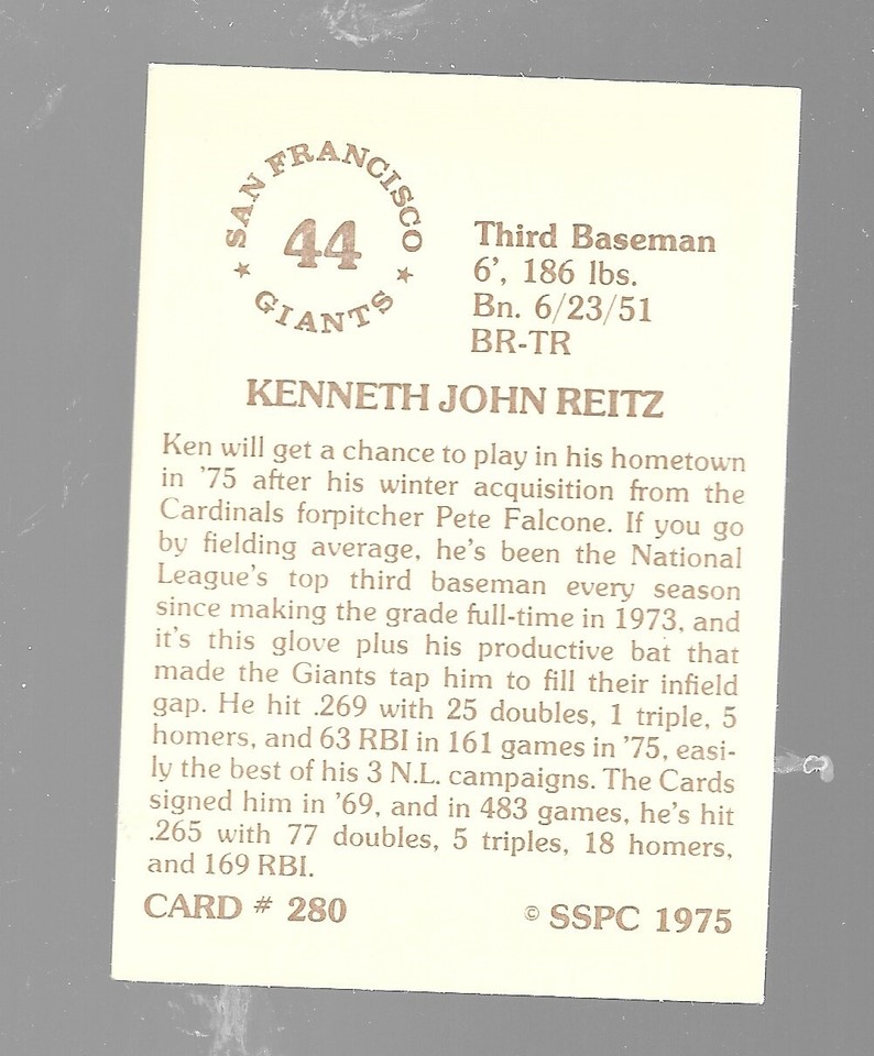 1976 SSPC Ken Reitz 280 San Francisco Giants Baseball Card Vintage | eBay