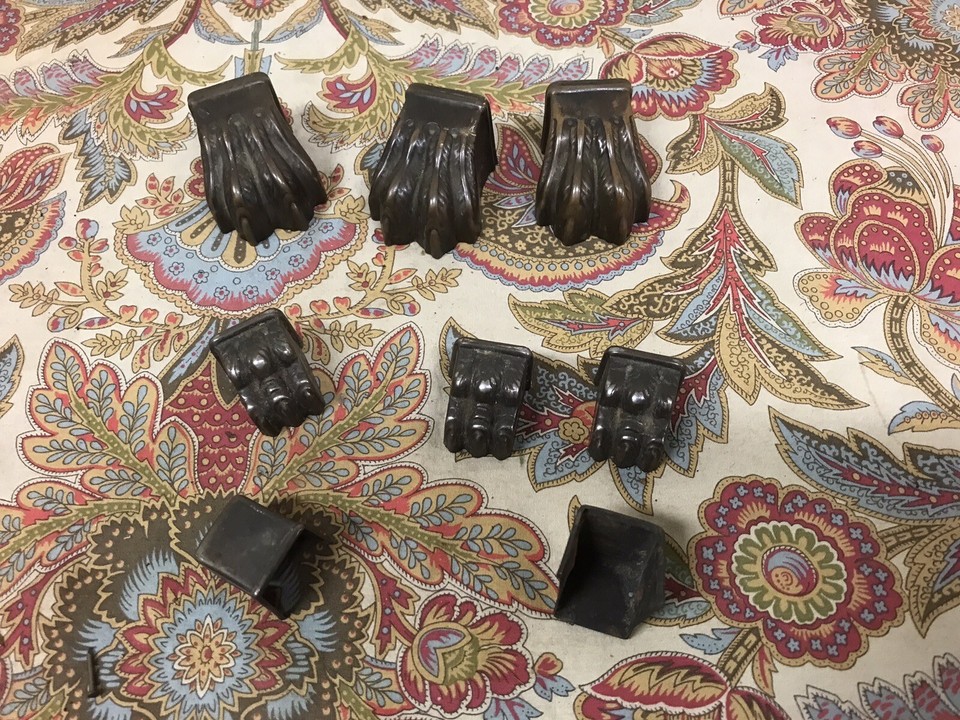 2 SETS OF 3 METAL CLAW FEET & 2 CLAW CAPS 3 LARGE ONES ARE BRASS 2” X 1 ...