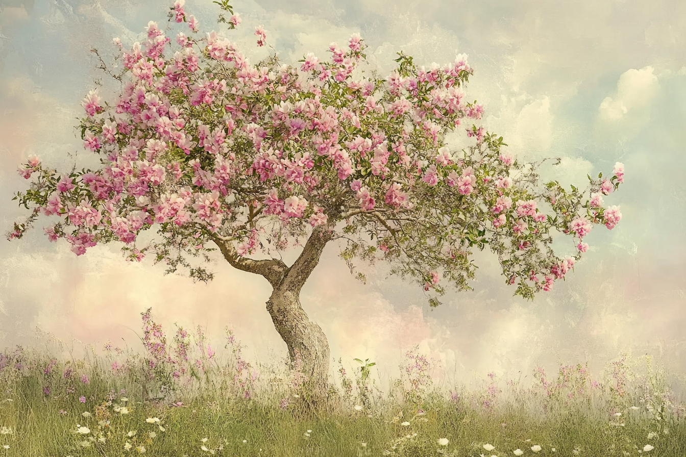 Pink Flowers Tree Meadow Landscape Oil Painting Wall Art Print Canvas ...