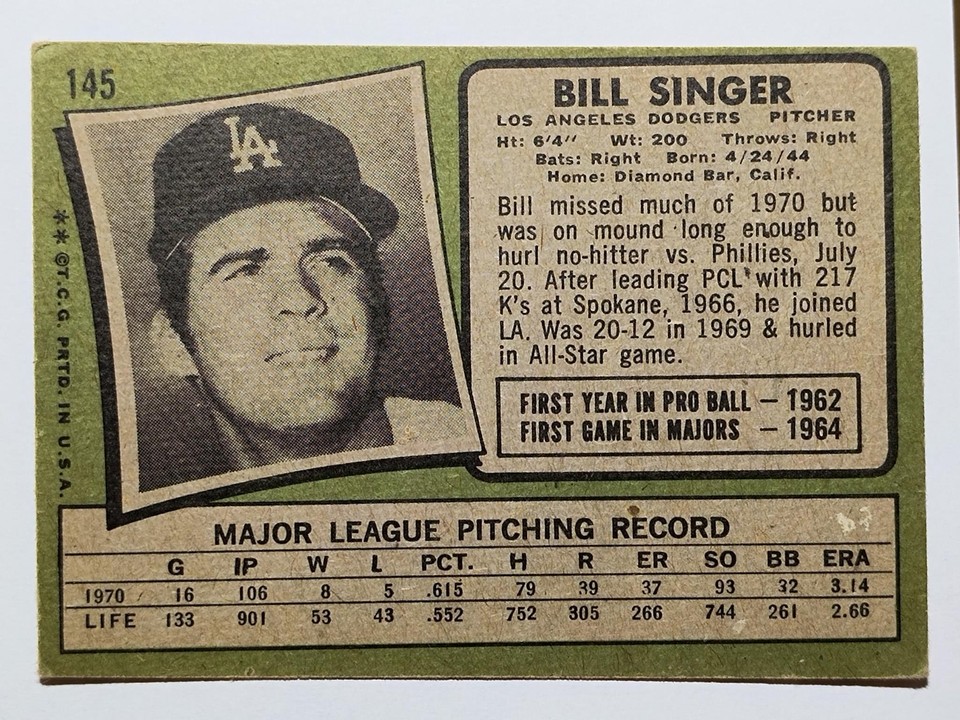 1971 Topps #145 Bill Singer (VG) | eBay