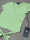 New YMI Collections Green Wrap Blouse Crop Ribbed Knit Tie Waist V-Neck ...