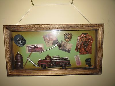 FIREFIGHTER/FIREMEN THEMED COLLAGE WALL HANGING SHADOW BOX LARGE 21" X ...