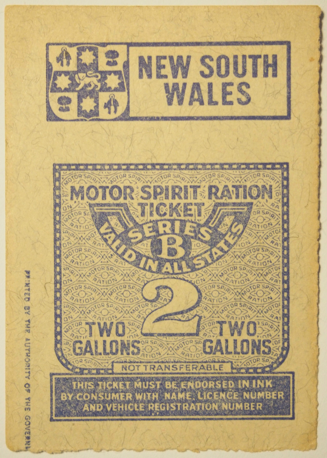 circa 1940's Motor Spirit Ration Ticket - 2 Gallons - Series B - NSW ...