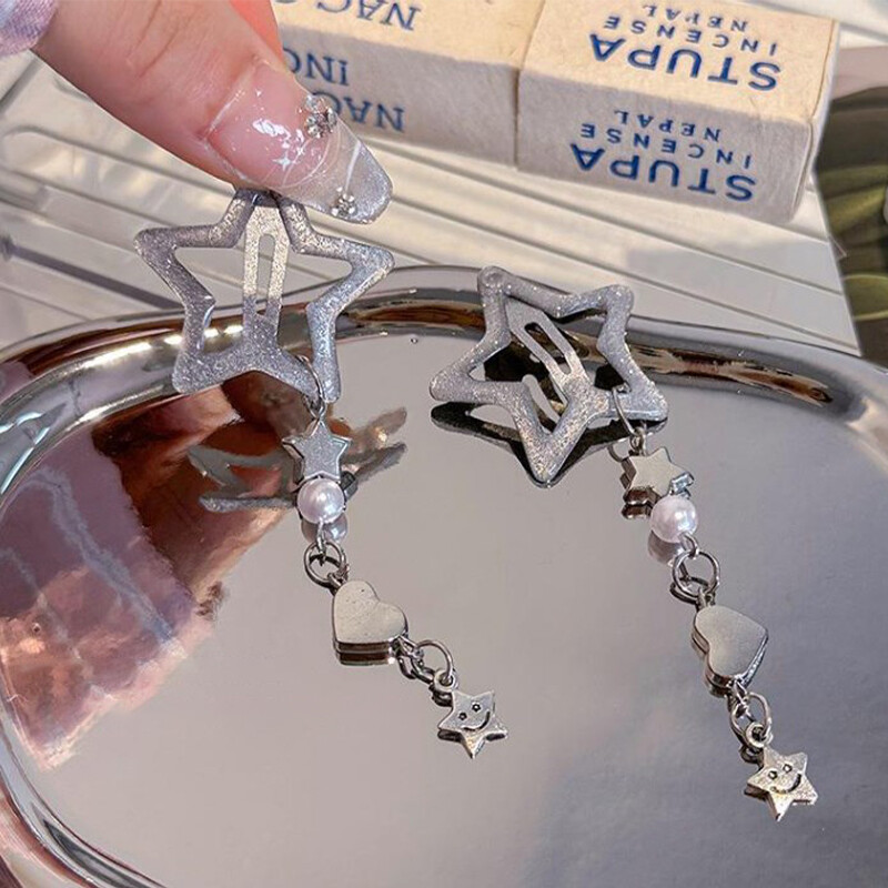 Y2k Aesthetics Star Pentagram Beads Tassel Bobby Pin Cool Charm Hair ...