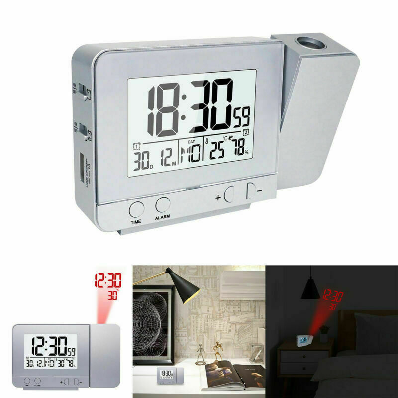 Projector Clock LED Display Temperature Humidity Backlight Rotate Alarm ...