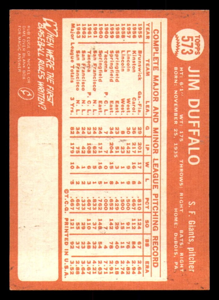 1964 Topps #573 Jim Duffalo Excellent+ Giants ID:386612 | eBay
