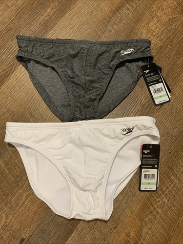 NEW Lot 2 Speedo Mens Solid Solar 1" Swim Racing Brief 34 White ...