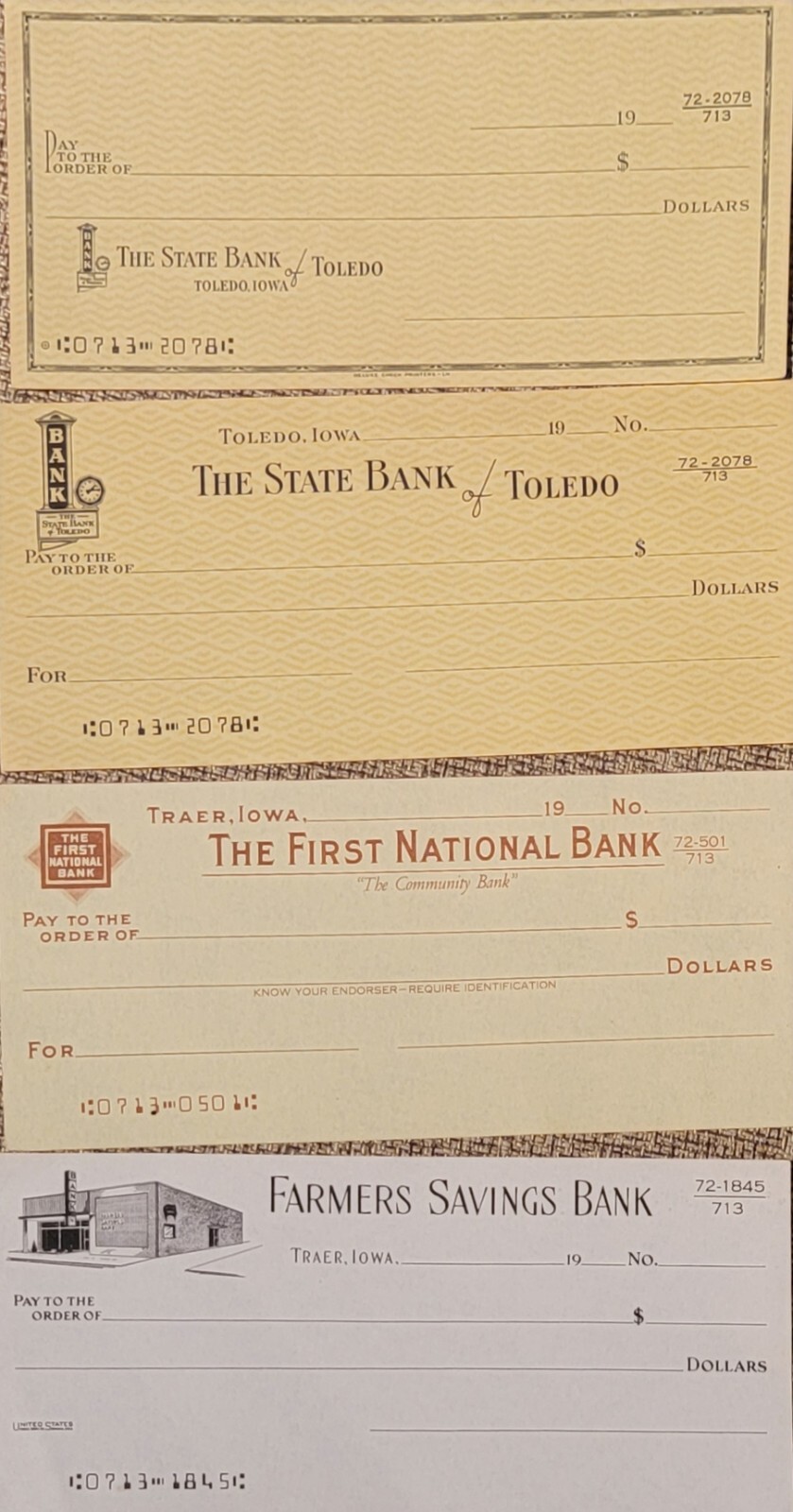4 OLD IOWA BANK CHECKS, TOLEDO, TRAER SE314 | eBay