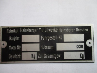 Typenschild Schild Oldtimer s45 Hainsberger Metallwerke Motorrad Moped ...