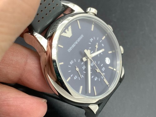 Emporio Armani AR1736 Chronograph Date Blue Dial Gray Leather Men's ...